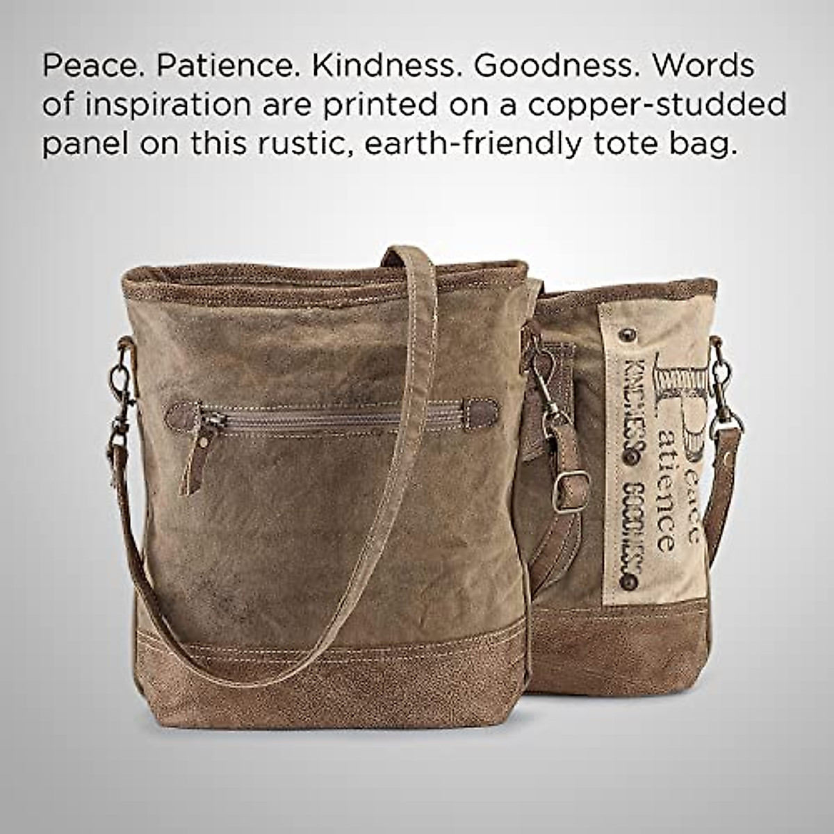 PGI Traders Upcycled Canvas Shoulder Bag | Earth Friendly Tote | Inspirational Words | No Two Alike | Adjustable Strap | Fully Lined | Zip Closure