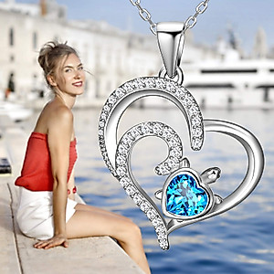 Distance Double Love Heart Necklace for Women 925 Sterling Silver Ocean Spray Sea Turtle Pendant Necklace Birthday Gifts for Daughter Wife