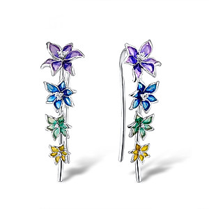 Santuzza Enamel Colorful Flower Ear Cuffs Climber Earrings 925 Sterling Silver Orchid Ear Crawler Earrings for Women