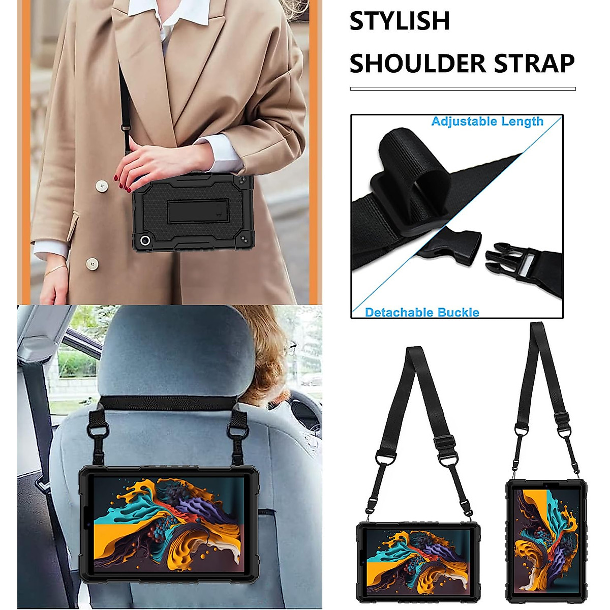 Doemoil for TCL TAB 8 WiFi 9132X/for TCL TAB 8 LE 9137W Tablet Case Soft Silicone Rubber Had Back Shell Kids Friendly Built in Stand Shoulder Strap for TCL TAB 8 WiFi/TCL TAB 8 LE (Black+Black)