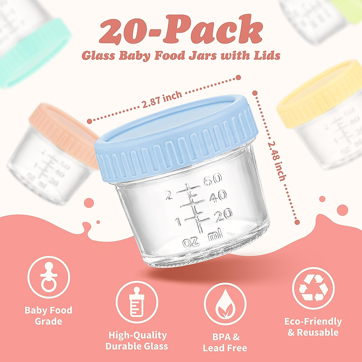 DRKIO 20 Pack Glass Baby Food Storage Containers 4 Oz Baby Food Jars with Lids Baby Food Maker Microwave Dishwasher Freezer Safe 100% Leak-Proof BPA Free