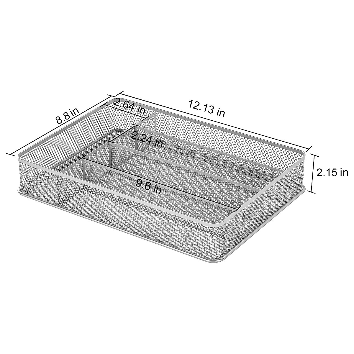 TQVAI Mesh Cutlery Tray 5 Compartments Kitchen Silverware Holder Utensil Flatware Organizer, Silver