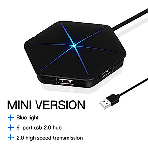MefeCoorel USB Hub 6-Port USB 2.0 Hub USB Extension Cable Blue LEDs Extra USB Ports for Devices Such as PS4 Mac PC Laptop Computer Desktop