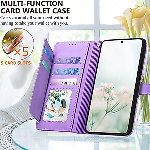 KRHGEIK for Samsung Galaxy S21 5G Phone Case Wallet for Women,Emboss PU Leather Cover Magnetic Wrist Strap Zipper Card Holder Flip Protective Case (Purple)