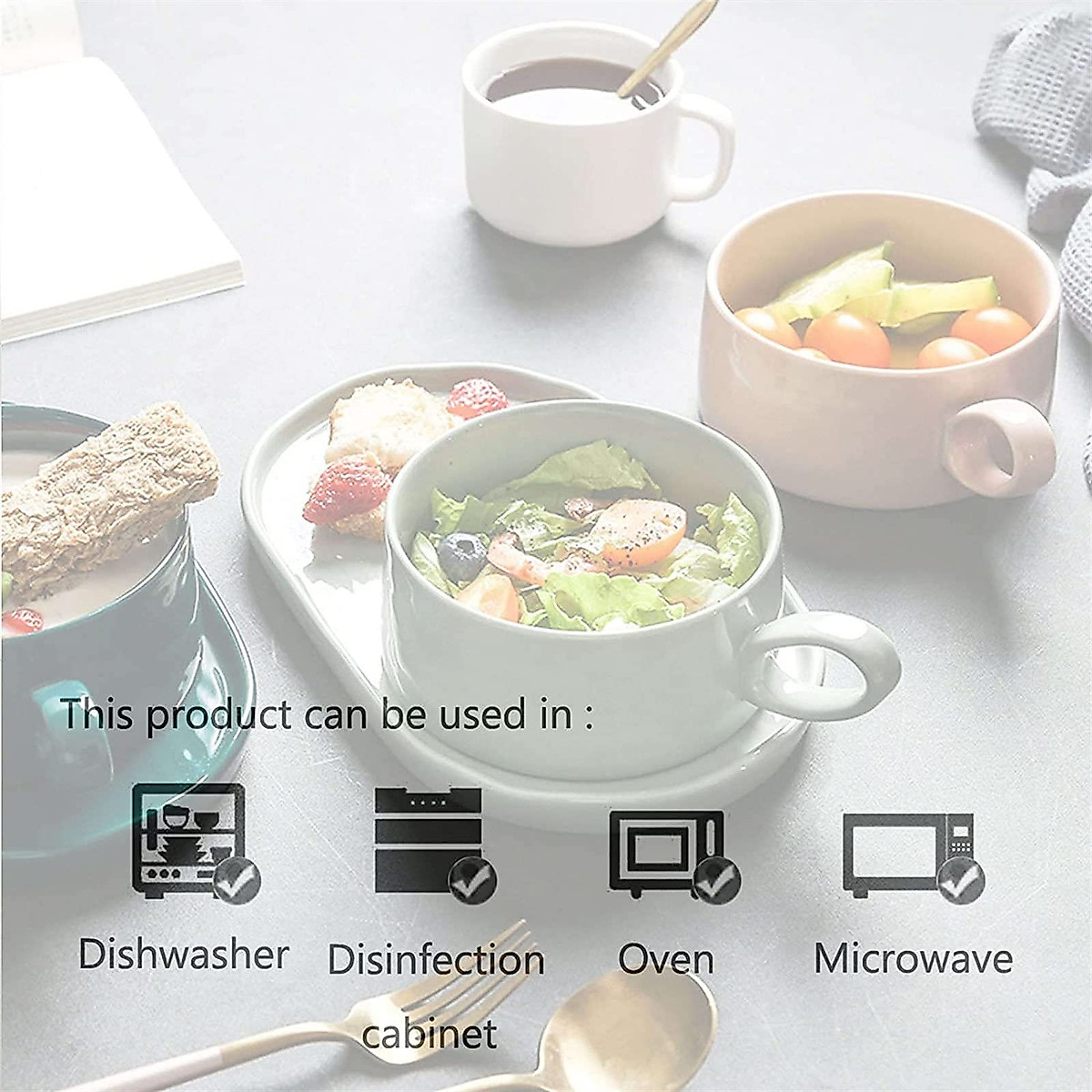 Ceramic Breakfast Bowls Set for Oatmeal, Bread, Soup Bowl and Sandwich Plate, French Onion Soup with Handle, Oven Safe (Color : Dark Green)