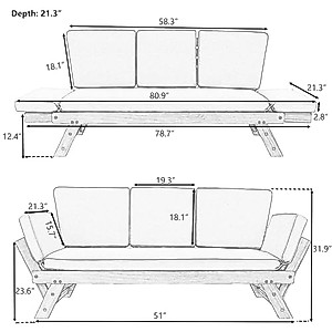 LOUHME Outdoor Patio Adjustable Wooden Daybed Chaise Lounge Chair, Expandable & Multifunctional Wooden Sofa with Cushions and Pillows, Premium Hardwood Frame, Gray