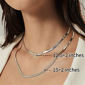 ChicSilver 925 Sterling Silver Herringbone Necklace for Women 3MM White Gold Plated Flat Snake Chain Choker Necklace Fashion Dainty Silver Snake Calvice Chain Short Necklace 12.5 Inch