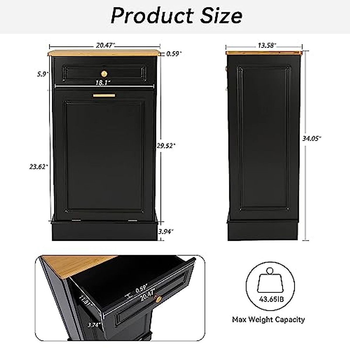 Scurrty 20.5'' Wooden Tilt Out Trash Can Cabinet for Kitchen Island,Tilt Out Bin for Trash Disposal Recycling, Handmade Solid Wood Hideaway Trash Holder for Laundry Hamper with Drawer (Black, Single)