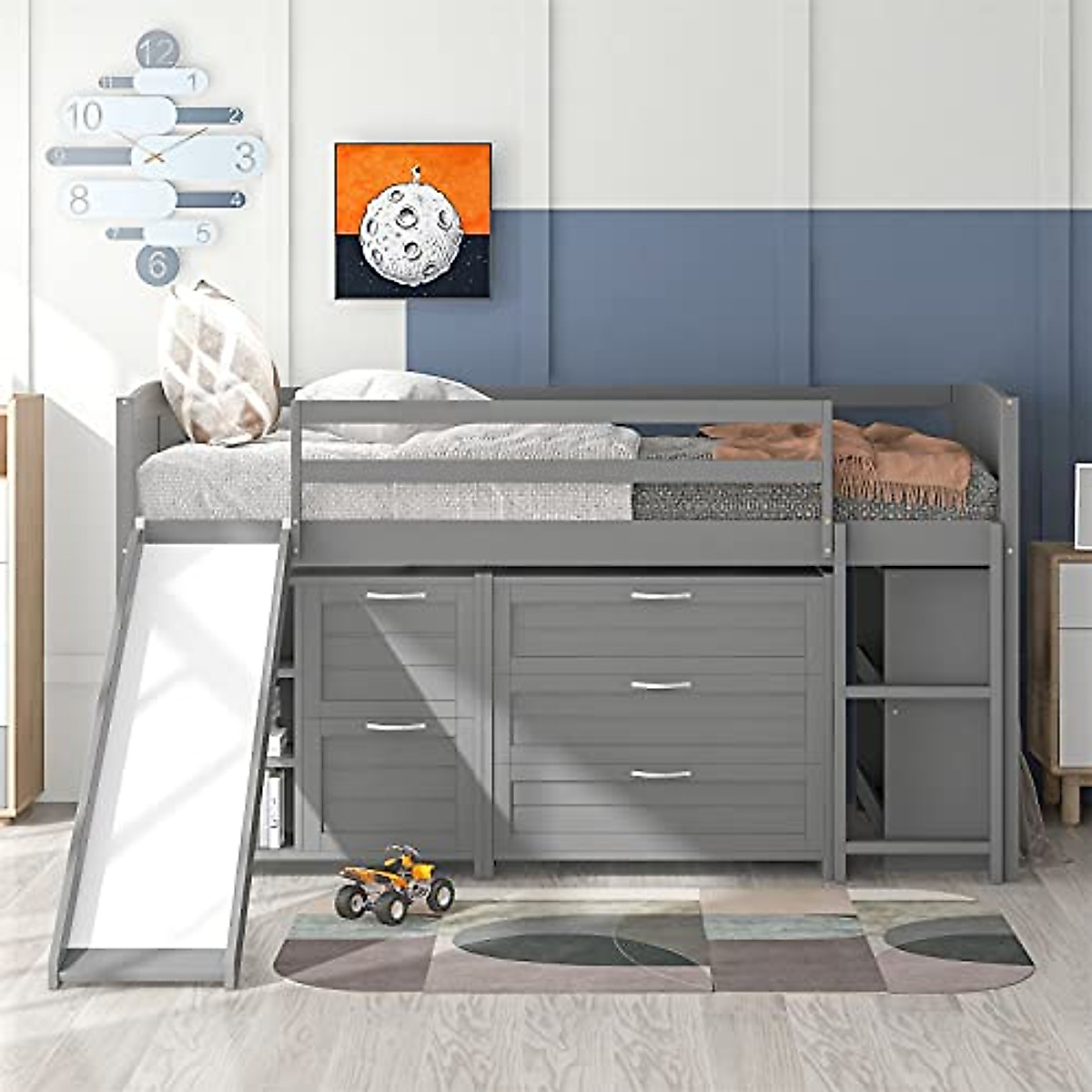 Low Loft Bed with Slide and Storage Twin Loft Bed Frame with Cabinet Drawers and Book Shelves, Wooden Loft Beds for Kids Boys Girls, Gray