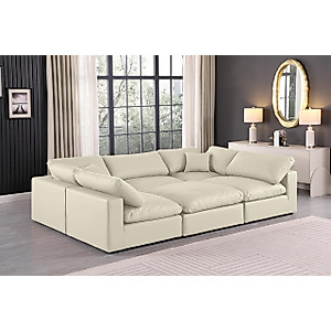 Meridian Furniture 188Cream-Sec6C Comfy Collection Modern | Contemporary Upholstered Modular Sectional, Soft Cream Vegan Leather, Fiber-Filled, 119" W x 79" D x 34.5" H, Cream