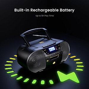 Boom Box CD and Cassette Tape Player, Hernpark Rechargeable CD Tape Player with Remote Control, Bluetooth, FM Radio, Sleep Mode, Stereo Sound, EQ Mode, USB Drive, Aux/Headphones Jack (Black)