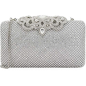 Dexmay Crystal Rhinestone Clutch Bag Diamond Crown Clasp Evening Bag Bling Party Purse Silver