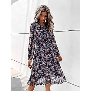 HAOKEKE Women Print Dress Long Sleeves Chiffon Dress Retro Pleated Buttons Down Bow Tie Fairy Lady Dress Navy Blue Flower Print US 12-14