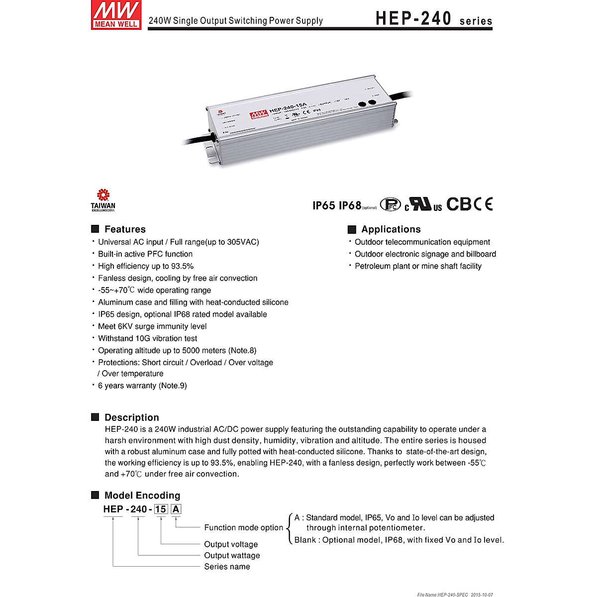 MEAN WELL HEP-240-12A 12V 16A 192W Single Output Switching Power Supply Harsh Environment