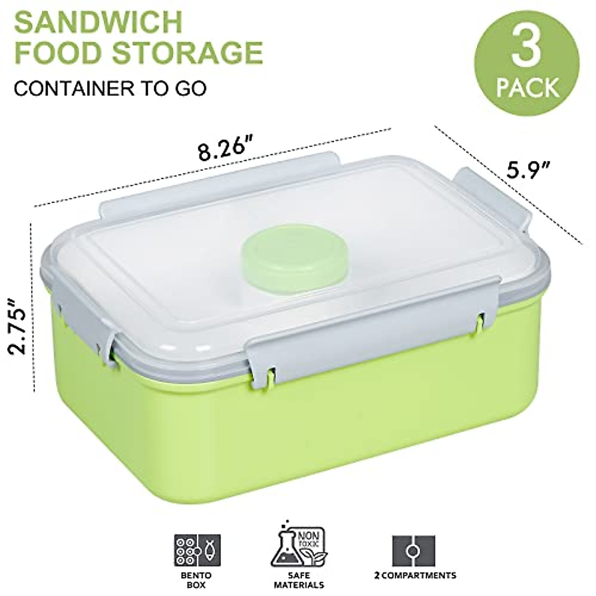 Shopwithgreen Set of 3 Salad Food Storage Container To Go, 47-oz Bento Box with Removable Tray & Dressing Pots, for Lunch, Snacks, School & Travel - Food Prep Storage Containers with Lids