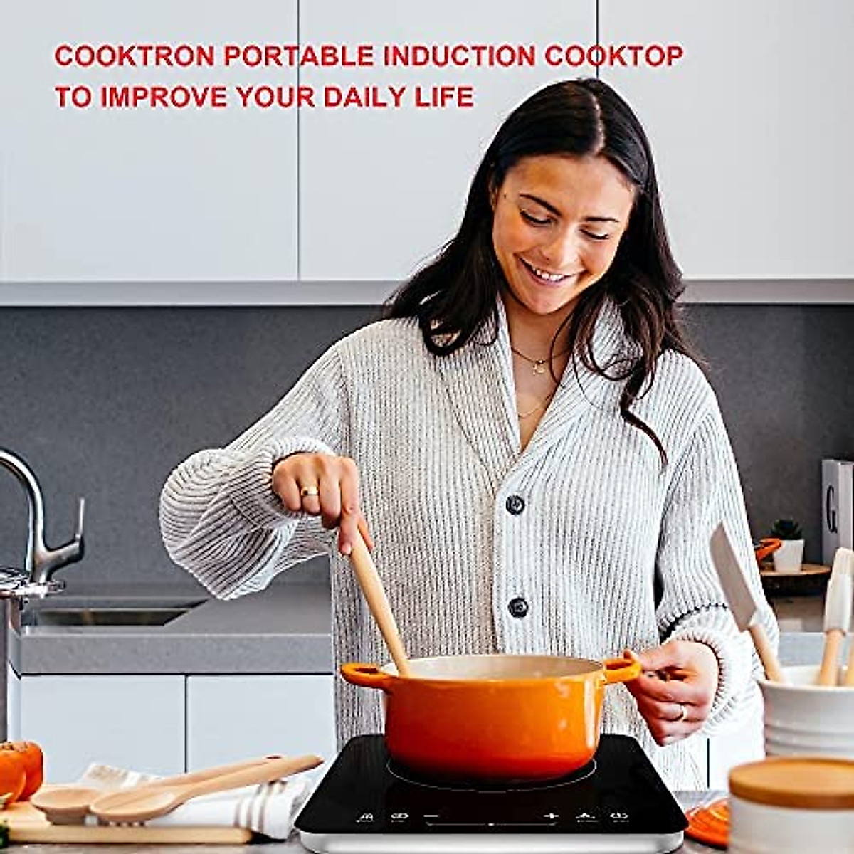COOKTRON Portable Induction Cooktop 1800W, 10 Temperature 9 Settings Induction Countertop Single Burner with 4H Timer, Sensor Touch Induction Cooker with Kids Safety Lock, black (AAMUS-CT-FS-IC312)