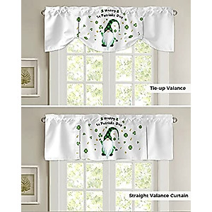 Tie Up Valance Curtain for Kitchen Windows, Happy St Patricks Day Clover Dwarf Gold White Window Curtain Valance with Adjustable Strap Window Treatment for Cafe Bathroom, 60"x18", 1 Pane