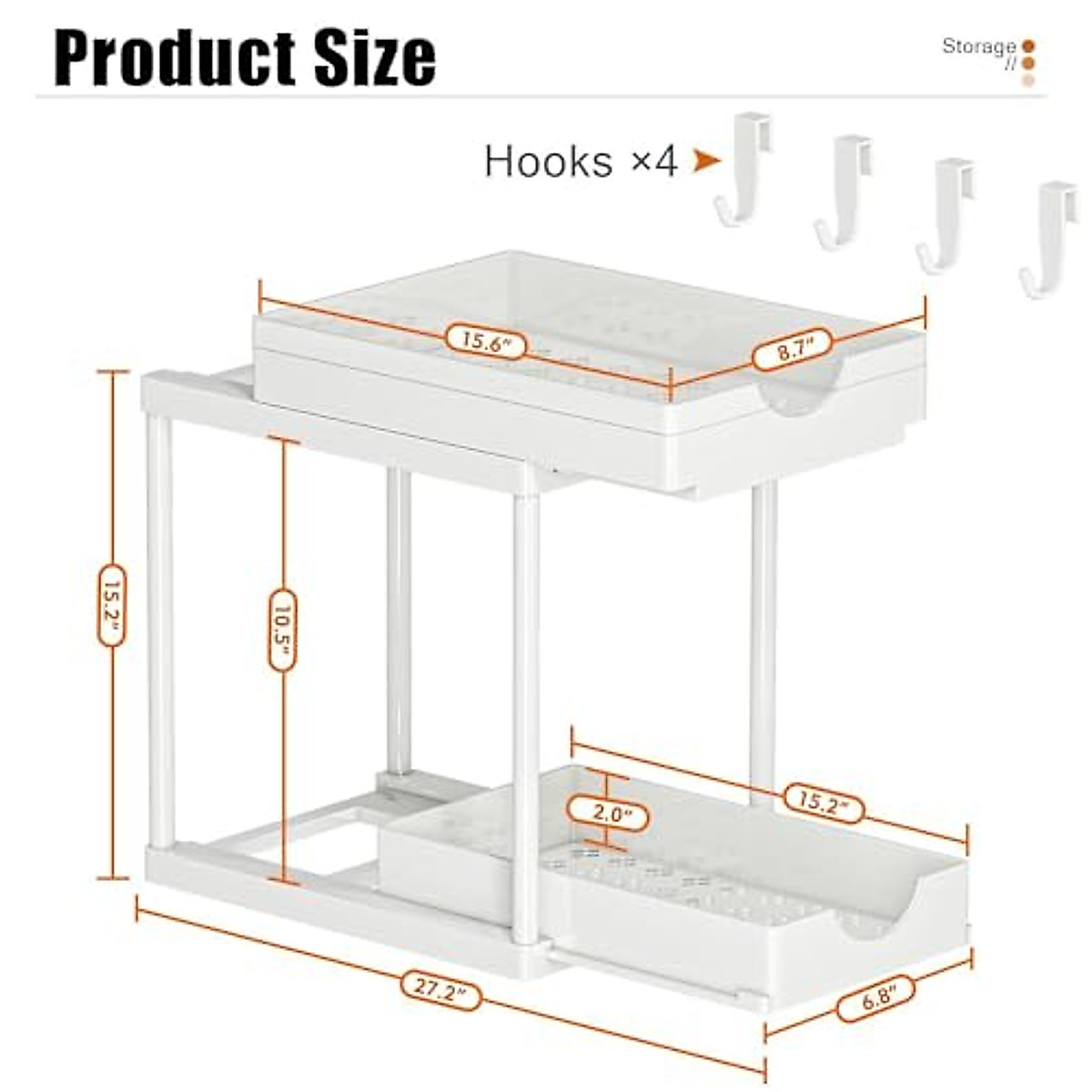 2 Pack Under Sink Organizer，Bathroom Cabinet Organizer, 2 Tier Sliding Cabinet Organizer Drawer with 8 Hooks Pull Out Cabinet Organizer Multi-Purpose Organizer for Bathroom Kitchen (White x 1)