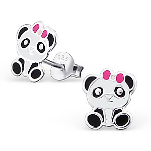 Tiny Cute Panda Bear Silver Earrings White Black Pink Bow 925 Stering Silver (E19638)