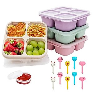 Luriseminger 4 Pack Bento Lunch Box，4 Compartment Snack Containers，Divided Bento Snack Box，Meal Prep Containers Kids/Toddle/Adults,Food Storage Containers for School, Work and Travel