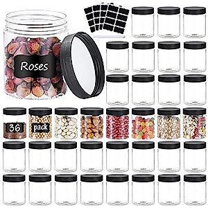 OUSHINAN 36PCS 8OZ Plastic Jars with Screw On Lids, Pen and Labels Refillable Empty Round Slime Cosmetics Containers for Storing Dry Food, Makeup, Slime, Honey Jam, Cream, Butter, Lotion (Black)