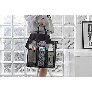 ALYER Big Mesh Shower Bag Tote,Portable Dry Wet Separation Bath Organizer with a Clear Zippered PVC Pocket (Black)