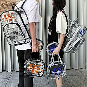 Arisaniasion Custom 3PCS Clear Backpack, Custom Name See Through Bookbags Transparent Backpack, Lunch Box Bag and Penecil Case Set(#2Black-3Pcs)