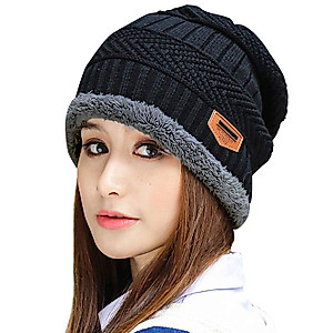 Muryobao Thick Warm Winter Beanie Hat Slouchy Skully Knit Hats Soft Stretch Ribbed Cap for Women Snow Ski Black