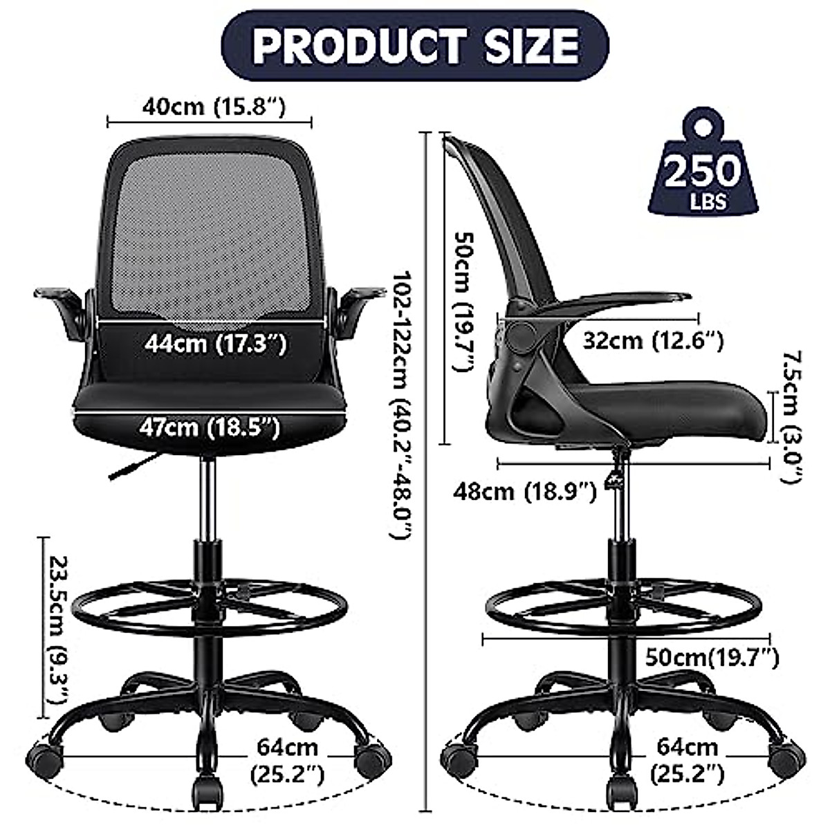 KERDOM Drafting Chair Tall Office Chair Ergonomic Computer Standing Desk Chair Swivel Work Chair with Flip-up Armrests and Adjustable Footrest Ring (933Z Black)
