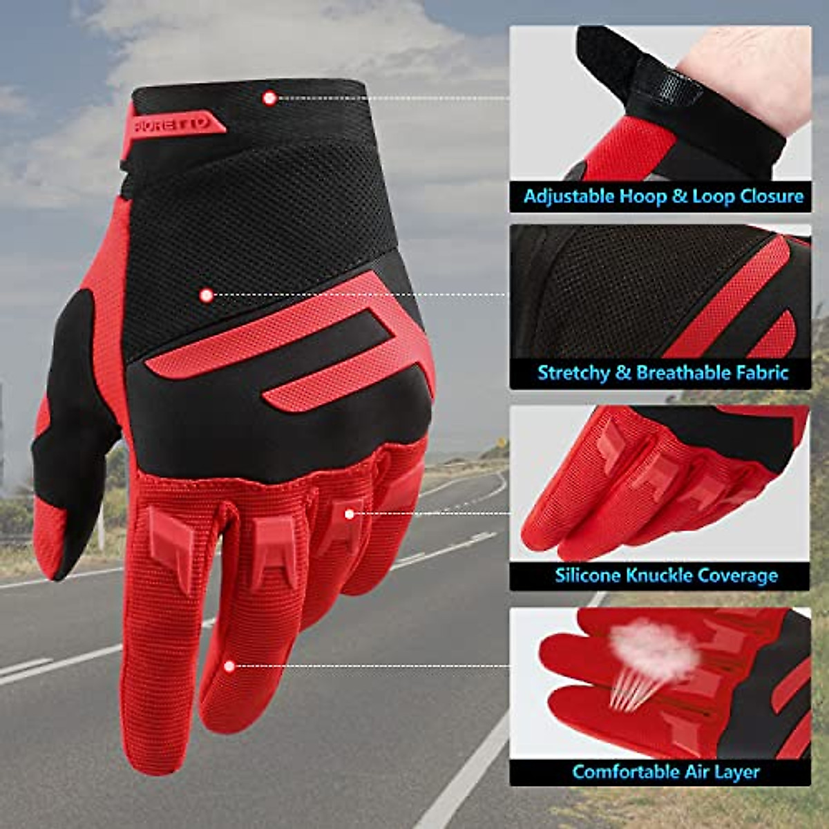 FIORETTO Mountain Bike Gloves for Men Women Motorcycle Cycling Gloves with 5MM SBR Pad Touch Screen Knuckle Protection Motocross Gloves for BMX ATV MTB Racing