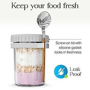 Overnight Oats Containers With Lid And Spoons | Mason Jars For Overnight Oats, Milk, Cereal| Small Containers with Lids | 10 OZ Each | Oatmeal Container | Includes Instructions & Recipes (Grey & Grey)