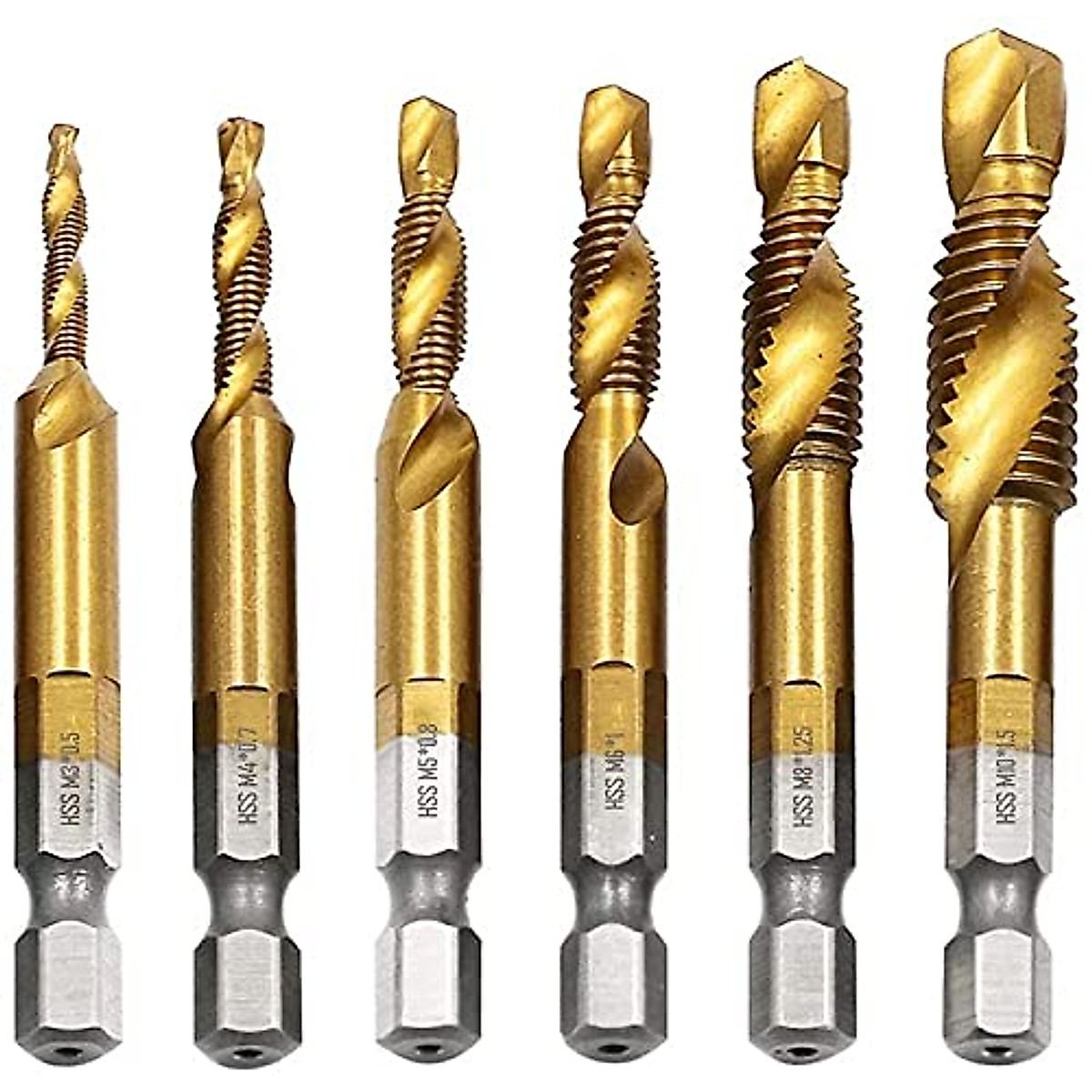 Bestgle 6 Packs Hex Shank Titanium Coated Countersink Tap Drill Bit Set, HSS Screw Thread Metric Combination Tap Drill, M3-M10