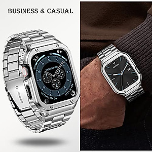 MioHHR Stainless Steel Band and Case Compatible with Apple Watch Band 44mm, Men Rugged Metal Strap and Protective Bumper Cover for iWatch Series SE 6 5 4 (Sliver,44mm)