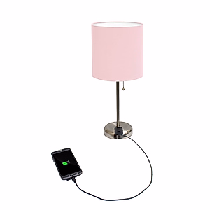 Simple Designs LT2024-LPK Brushed Steel Stick Table Desk Lamp with Charging Outlet and Drum Fabric Shade, Light Pink