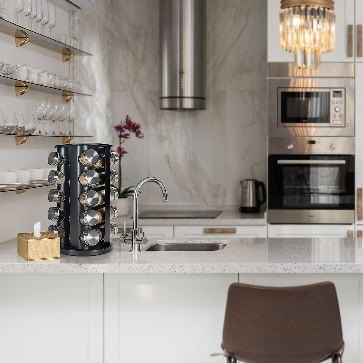 Black Countertop Revolving Spice Rack, Empty 20-Jars Rotating Spice Rack Organizer, Round Carousel Spice Rack Tower, 135 Spice Labels with Funnel Complete Set, for Kitchen Countertop, Cabinet