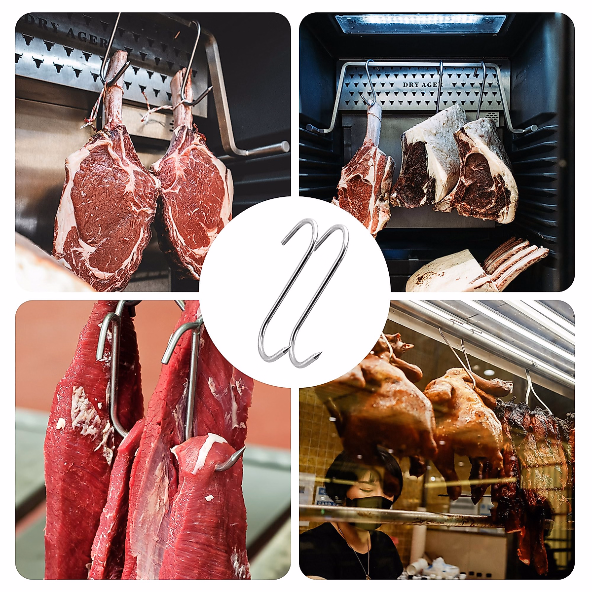 KEJJNYER 10 Pcs Meat Hanging Hooks 8 inch, Stainless Steel Meat Hooks10mm Diameter, Heavy Duty S Meat Hanging Hooks for Butchering, Smoking, Drying, Cooking, Grilling, BBQ