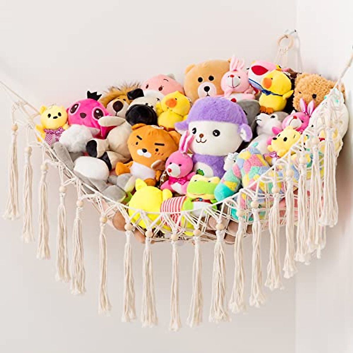 Vorey Stuffed Animal Storage Macrame Stuffed Animal Net or Hammock Toy Hammock Stuffed Animal Holder Hanging Stuffed Animal Organizer Plushie Net for Stuffed Animals Corner, Beige