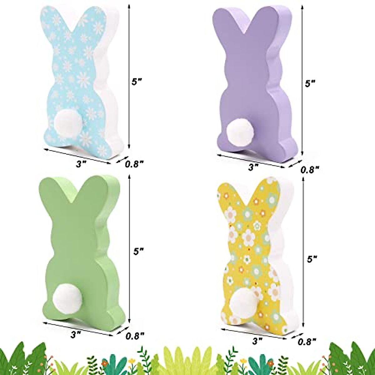 Easter Wood Bunnies, Easter Tiered Tray Peeps Decor 4 PCS, Spring Rabbit Wooden Decorations, Pastel Purple Green Bunny Decors with Cotton Tails, Rustic Easter Farmhouse Bowl Fillers Riser