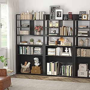 armocity Black Industrial Bookshelf, 6 Tier Tall Bookshelves Wood Metal Frame Standing Bookcase, Display Book Shelf with Adjustable Storage Shelves for Home Office, Living Room, Bed Room, Black
