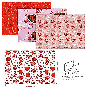 Heart Gift Wrapping Paper, 4 Sheet Love Heart Printed Birthday Wrapping Paper For Valentine's Day, 20x28" Per Sheet Folded Flat Gift Wrap for Mother, Lover, Wife, Beloveds, Wedding Bridal Shower
