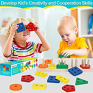 Aigybobo Learning Toys for 1+ Year Old, Baby Toy 12-18 Months, Wooden Sorting & Stacking Toys for Toddlers and Kids, Preschool Fine Motor Skill Toy, Ideal Gift for Boys Girls (Bright Shape Sorter)