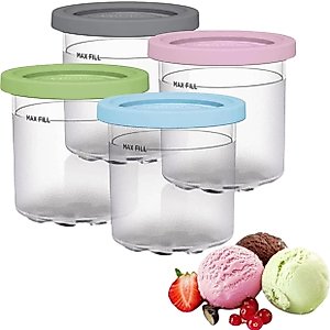 MANHONGYU 4 Pack Ice Cream Containers for Ninja, Replacement Creami Pints and Lids,Airtight Leak Proof,BPA-Free Dishwasher Safe, Grey/Blue/Pink/Yellow