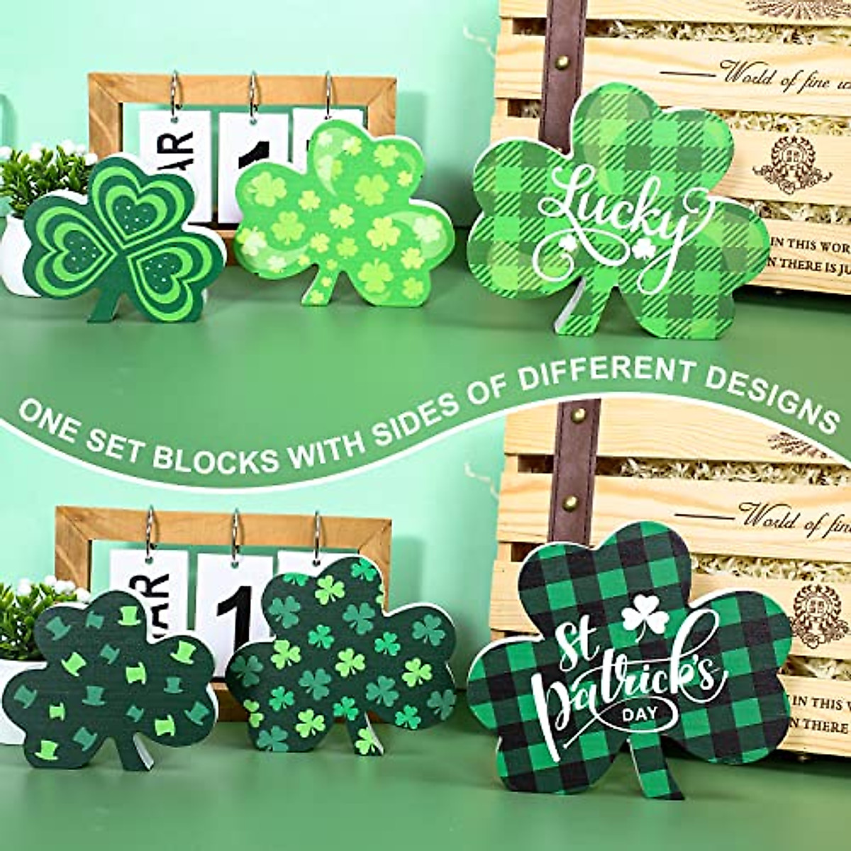 Whaline 3Pcs St. Patrick's Day Wooden Signs Green Plaid Shamrock Table Ornament Lucky Clover Double-Side Print Table Centerpieces Irish Holiday Table Centerpieces for Home Fireplace Tiered Tray Decor