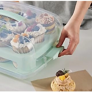 Top Shelf Elements Cupcake Carrier, Fashionable Green Cupcake Holder Carries 24 Standard-Size Cupcakes, Durable Muffin Traveler Two Tier Stand and Reusable Cupcake Box