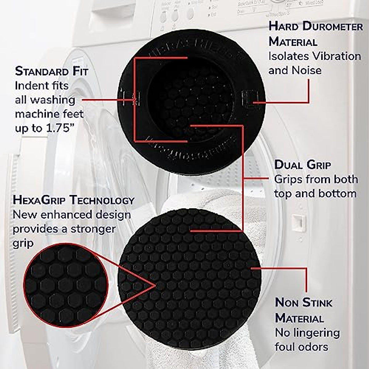 Anti Vibration Pads for Washing Machine with HexaGrip - Stops Washer Dryer Moving, Walking - Prevents Noise, Vibration Transfer - Rubber Antivibration Stabilizer Support Feet Mat - VIBRASHIELD 4 Pack