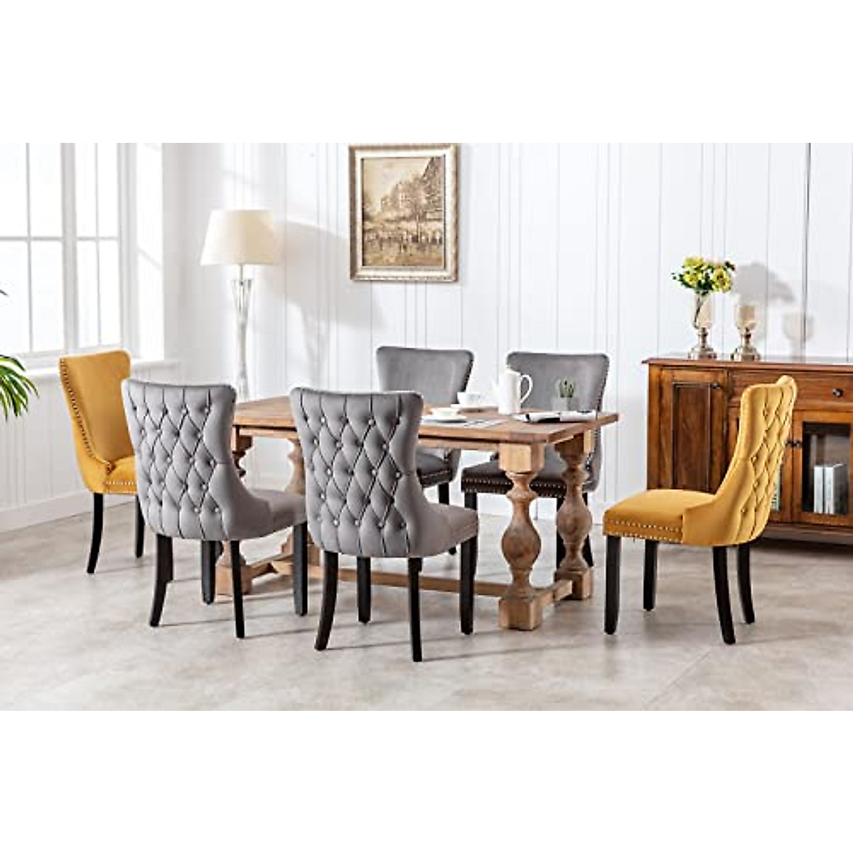 Dining Chairs Set of 2, HABITRIO Upholstered Wing-Back Button Tufted Dining Chair with Backstitching Nailhead Trim and Solid Wood Legs (Dark Grey)