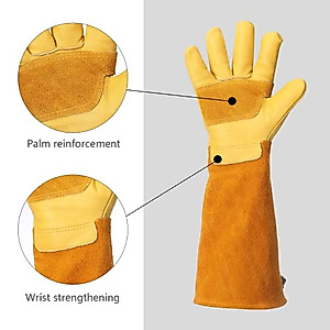 PROQUNQI Long Sleeve Gardening Gloves for Women & Men Thorn Proof Leather Rose Pruning Gloves with Adjustable Gauntlet Cuff (LARGE,YELLOW)