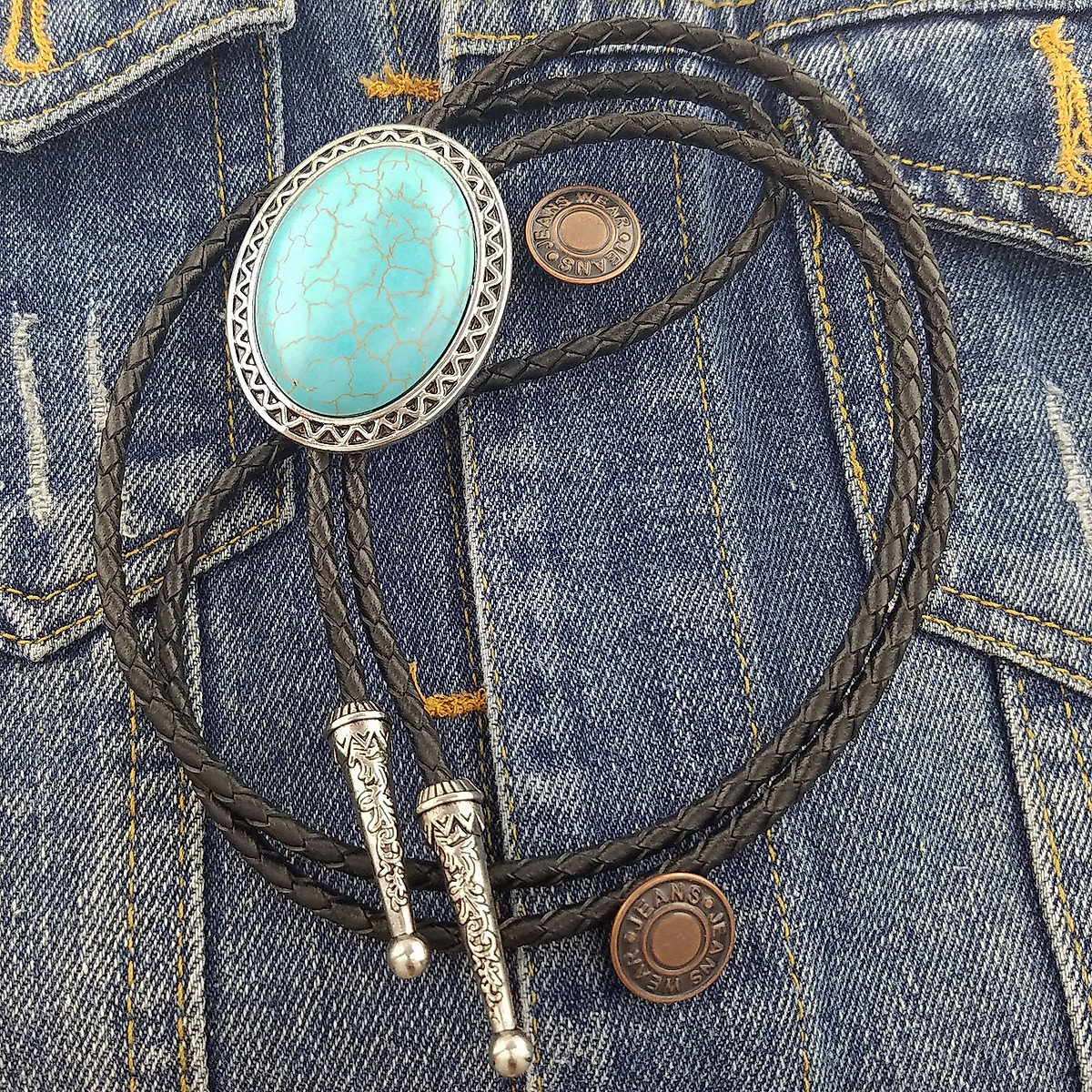 SELOVO Genuine Leather Bolo Tie for Men Native Western Created Turquoise Stone Silver Tone