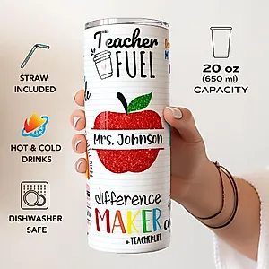 Fleur&Bay Teacher Appreciation Gifts for Women - Personalized Teacher Tumbler With Straw - Daycare Preschool Birthday Back to School Gifts Ideas - Customized Cup With Name - 20 oz Travel Coffee Mug