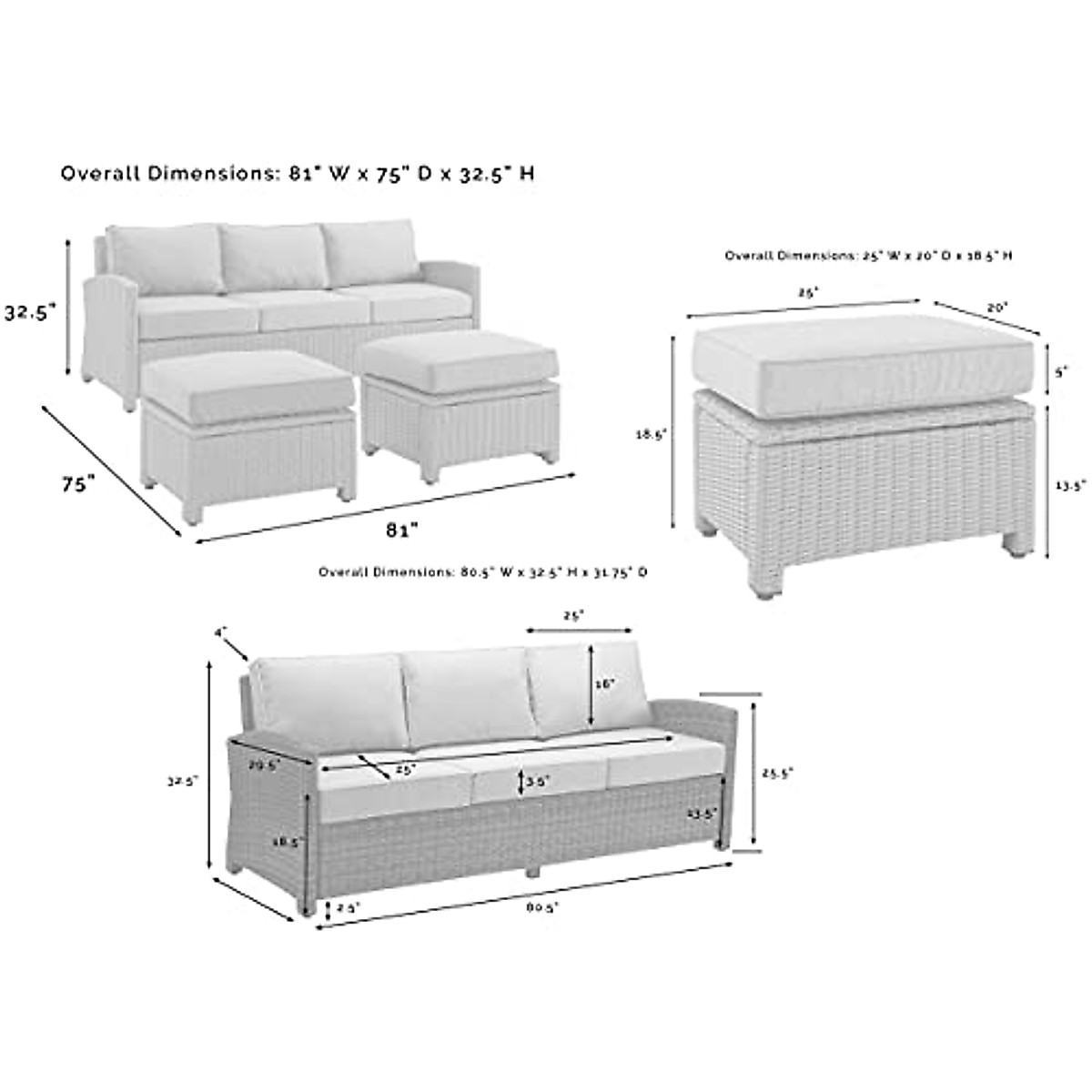 Crosley Furniture Bradenton 3-Piece Outdoor Sofa Patio Furniture Set, Wicker Conversation Sets for Porch, Brown with Sand Cushions